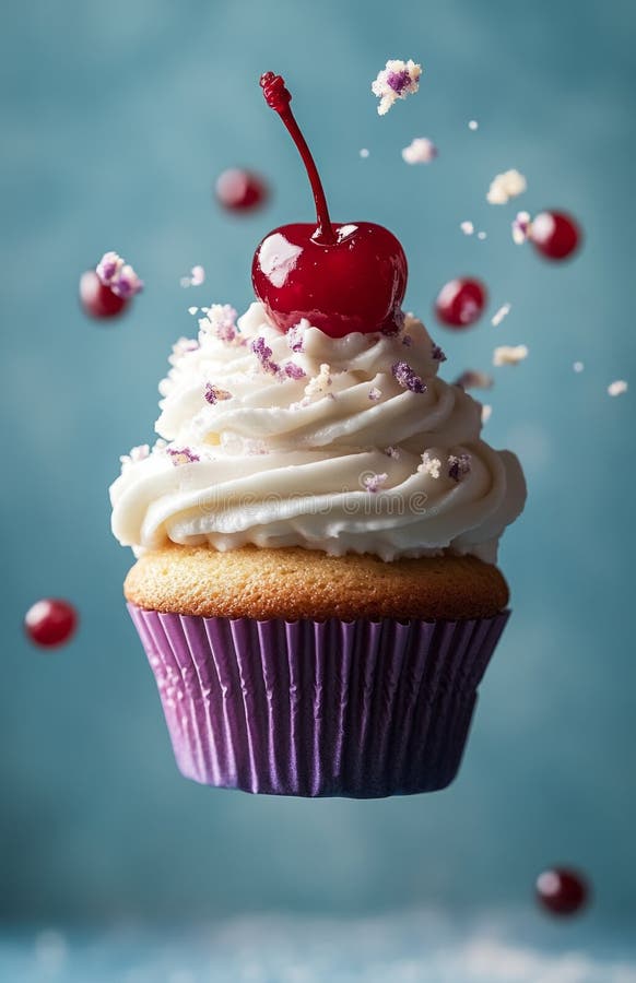 Cupcakes with White Frosting and Cherry Flying in the Air in Sharp ...
