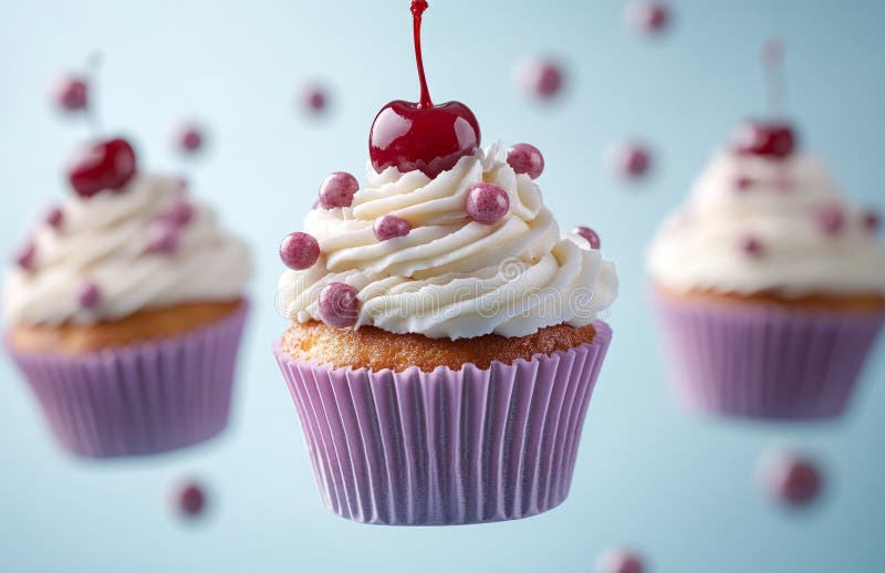 Cupcakes White Frosting Cherry Flying Air Sharp Shape Stock Photos ...