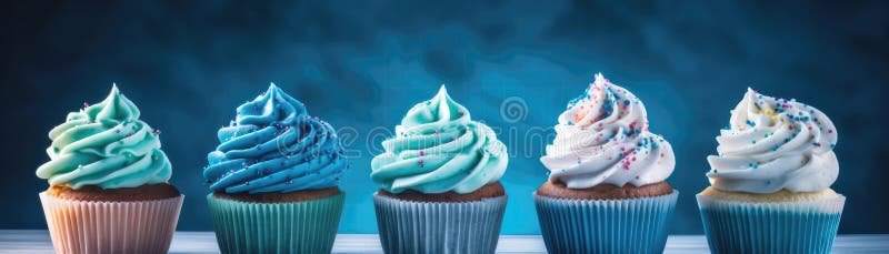 Cupcakes Standing on Gradient White Blue Background Wide Panoramic ...