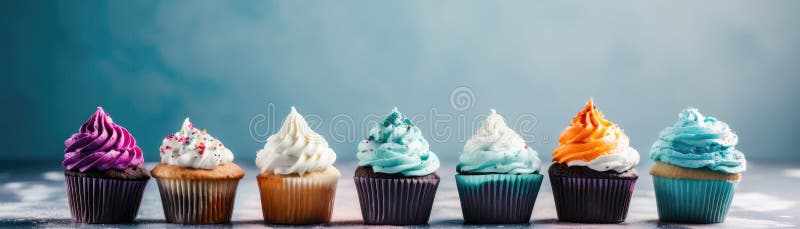 Cupcakes Standing on Gradient White Blue Background Wide Panoramic ...