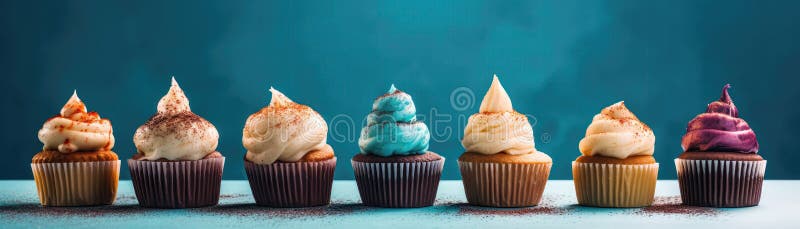 Cupcakes Standing on Gradient White Blue Background Wide Panoramic ...