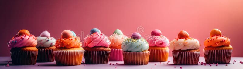 Cupcakes Standing on Gradient White Pink Background Wide Panoramic ...