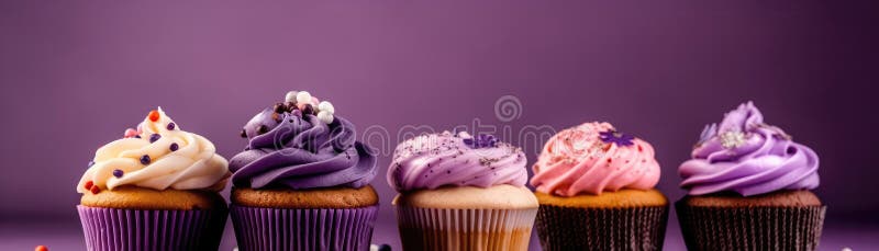 Cupcakes Standing on Gradient White Purple Background Wide Panoramic ...