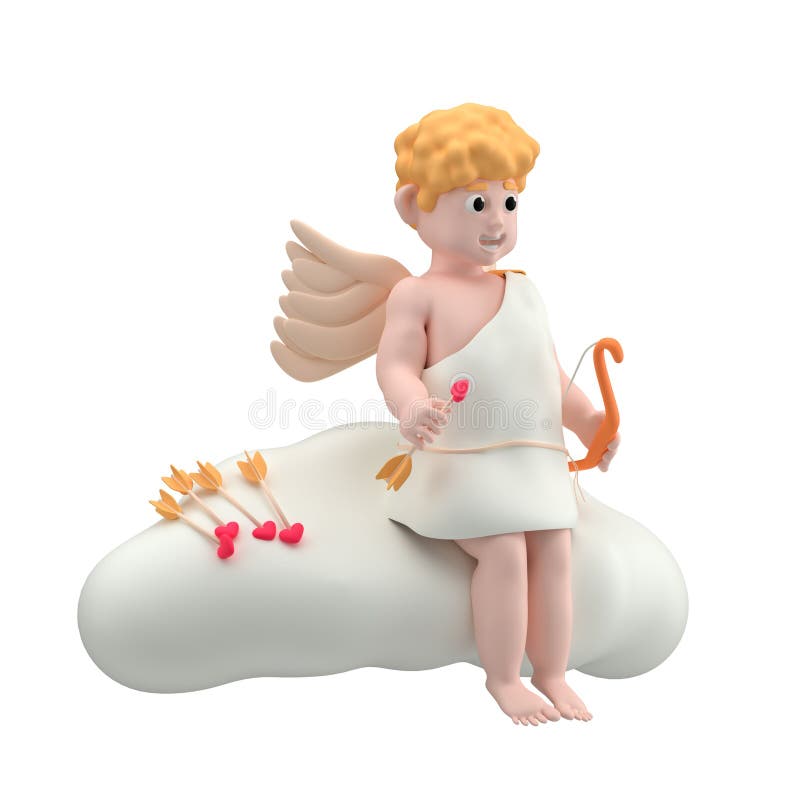 Cupid Character Sitting on a White Cloud Holding a Bow and Arrow Stock ...