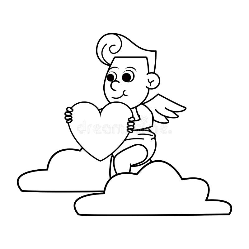 Cupid on Cloud with Heart in Black and White Stock Vector ...