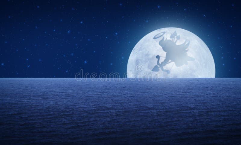 Cupid Shadow on Moon Fantasy Night Sky, Love Concept Stock Illustration ...