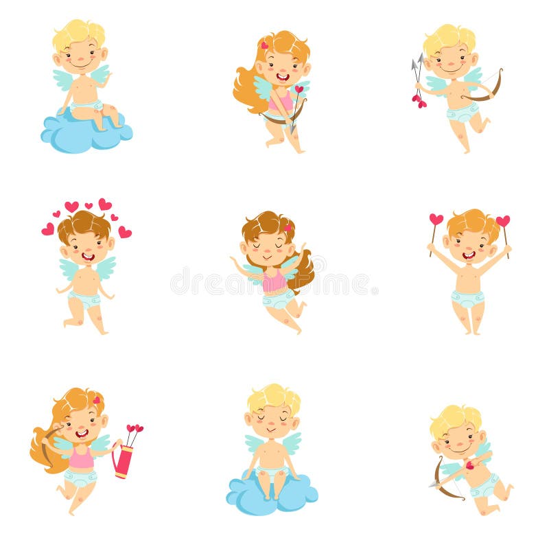 Cupidos Del Bebé Con Los Arcos, Las Flechas Y Los Corazones Fijados ... Cupidos Del Bebé Con Los Arcos, Las Flechas Y Los Corazones Fijados ...