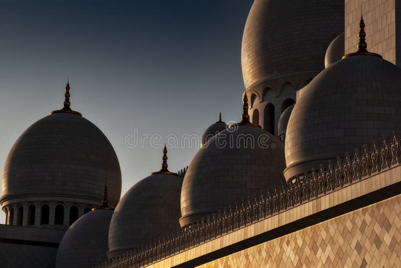 Cupolas in Great Mosque, Abu Dhabi, with Sunset Light Stock Photo ...