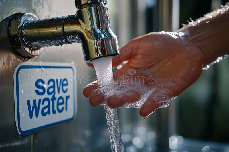Cupped Hands Catching Water from Water Tab with Sign Save Water Stock ...