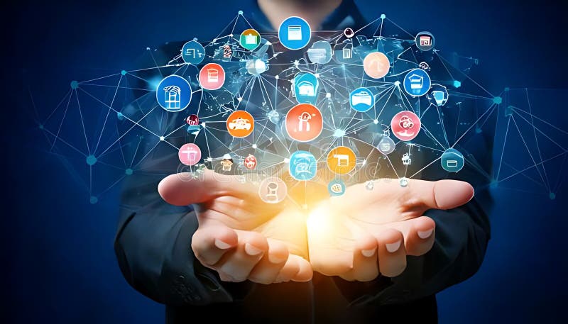 Cupped Hands Hold a Sphere of Interconnected Icons, Glowing on Dark ...