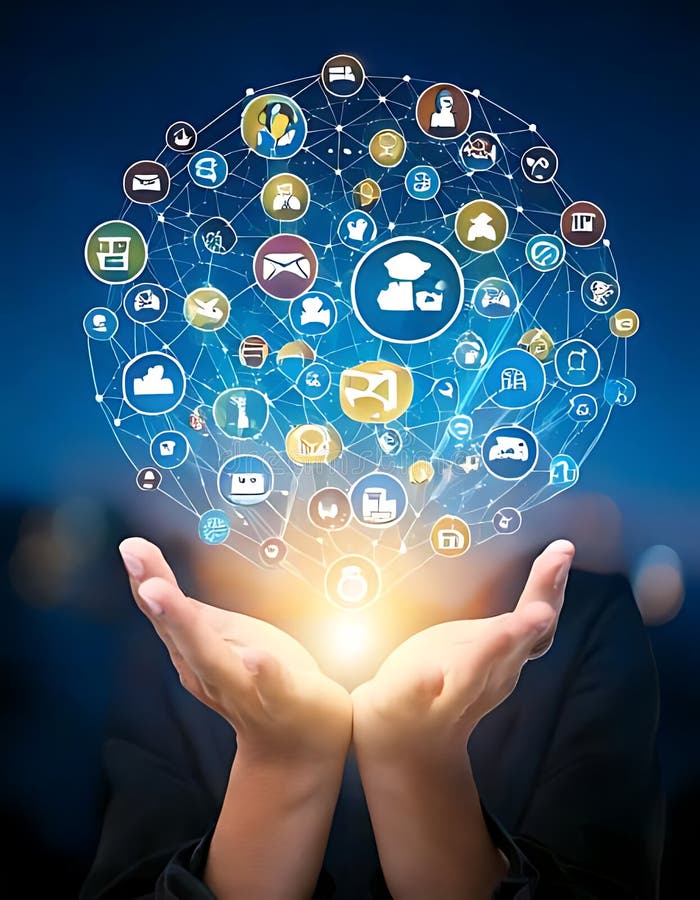 Cupped Hands Hold a Sphere of Interconnected Icons, Glowing on Dark ...