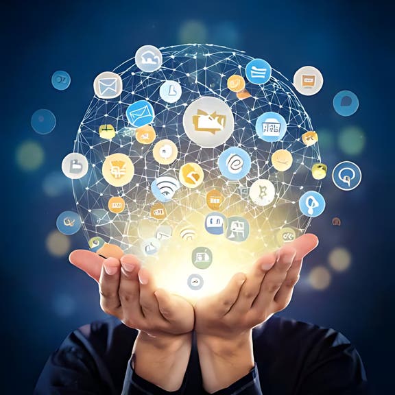 Cupped Hands Hold a Sphere of Interconnected Icons, Glowing on Dark ...