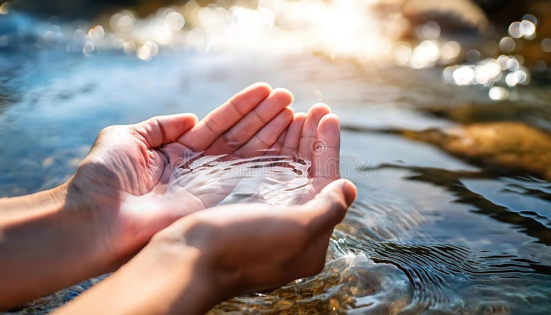 Cupped Hands Holding a Clear Stream of Water, Symbolizing Fresh ...