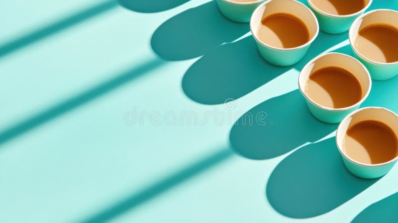 Cups of Coffee Casting Long Shadows on a Turquoise Surface, AI Stock ...