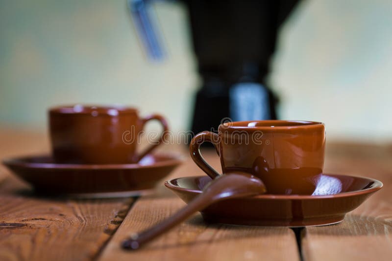 Cups of Coffee and a Coffee Pot on a Table Stock Image - Image of aroma ...