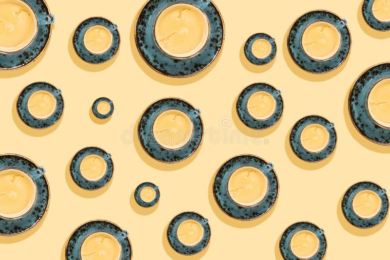 Cups of Coffee Pattern. Coffee in Blue Cup on Yellow Background Stock ...