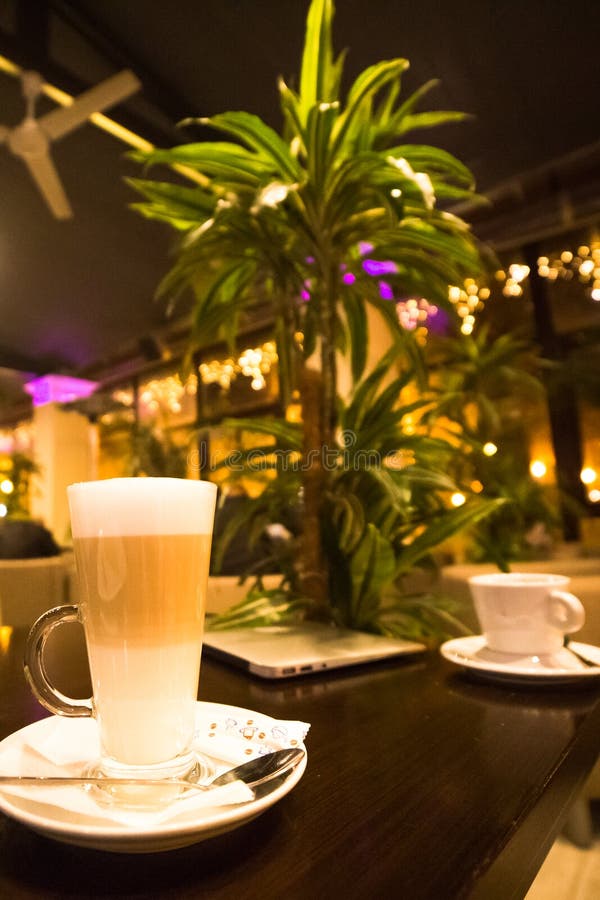 2 Cups of Coffee on the Table in Romantic Cafe with Palm Tree and ...