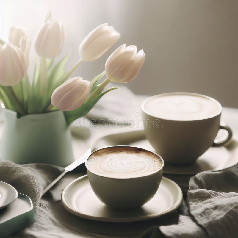 Cups of Coffee and Tulips on the Table, Light and Airy, Generative Ai ...