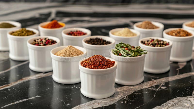 Cups with Different Kinds of Spices. Different Seasonings in Cups Stock ...