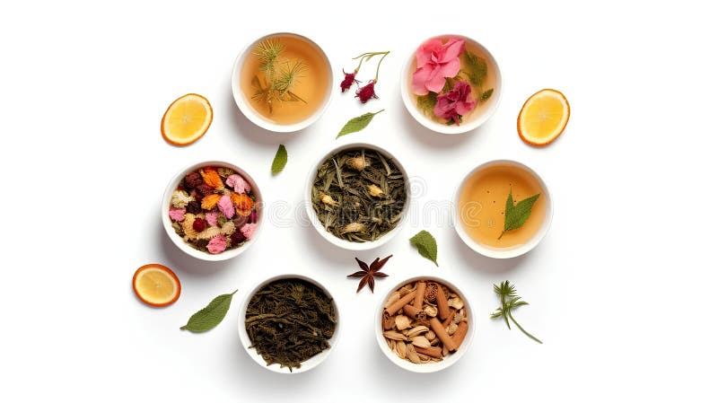 Cups with Different Types of Tea and Ingredients on the Table. View ...