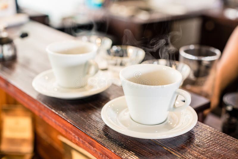 Cups of Drip Coffee on Bar of Coffee Shop Stock Image - Image of cafe ...