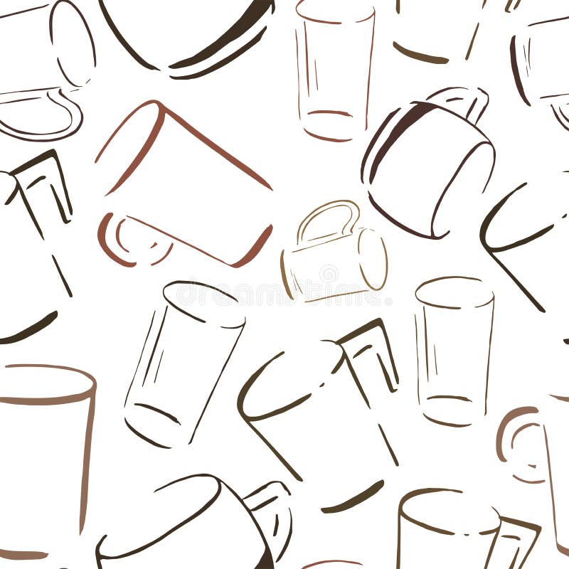 Cups Pattern, Seamless Background Hand Drawn Sketch of Coffee and Tea ...