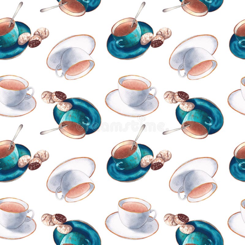 Cups Seamless Pattern, Blue and White Cups, Watercolor Seamless Pattern ...