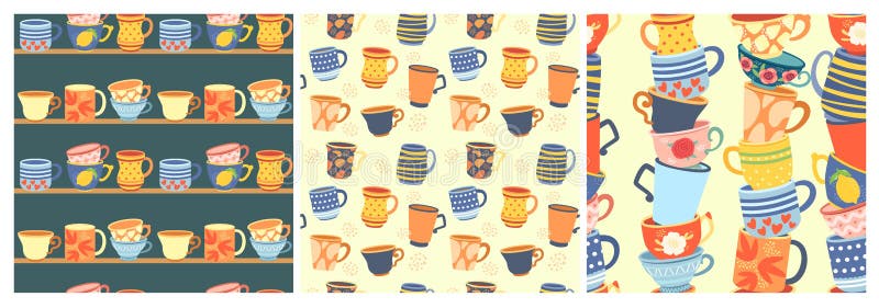 Cups Seamless Patterns. Coffee Cup, Stacked Mugs and Pottery Teacups ...