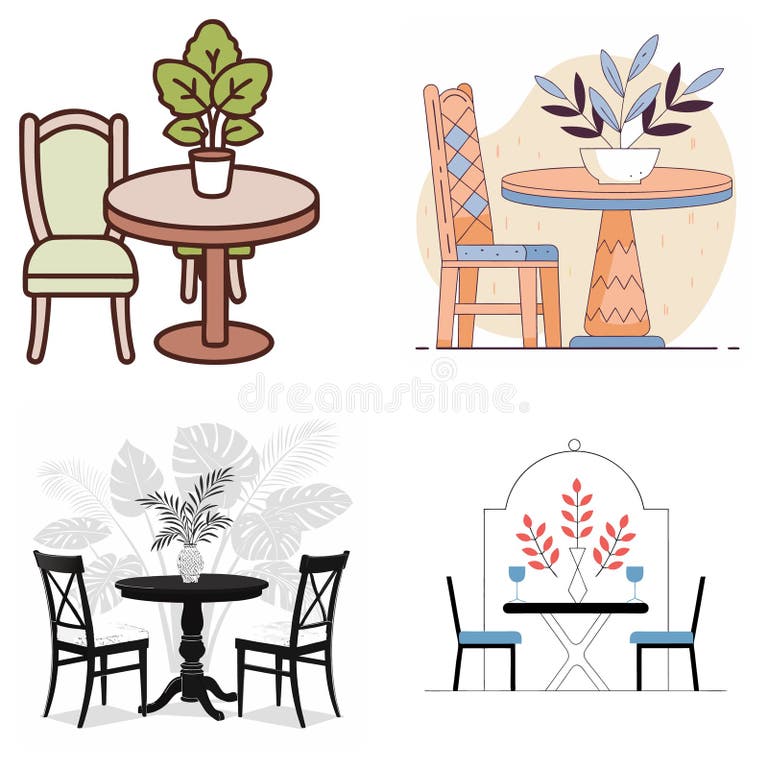 Collection of Illustrated Tables Chairs and Decorative Elements ...