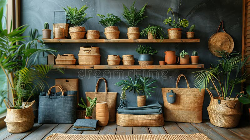Botanical Arrangement Showcasing Indoor Plants, Baskets, and Textural ...