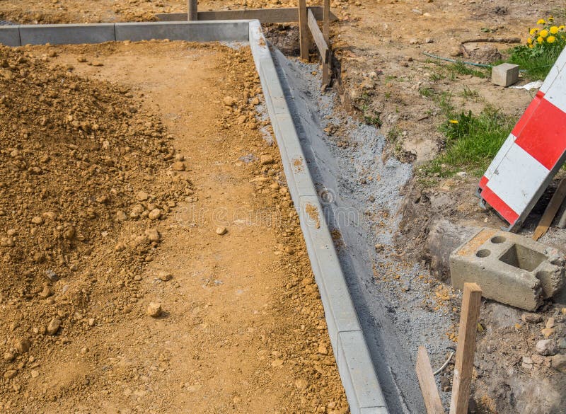 Curb Laying Walkway Construction Site Stock Image - Image of kerbs ...