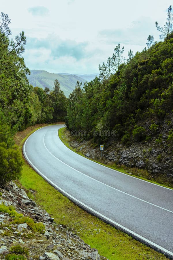 Curb Road through Hill with Trees, Rocks and Cloudy Sky Stock Photo ...