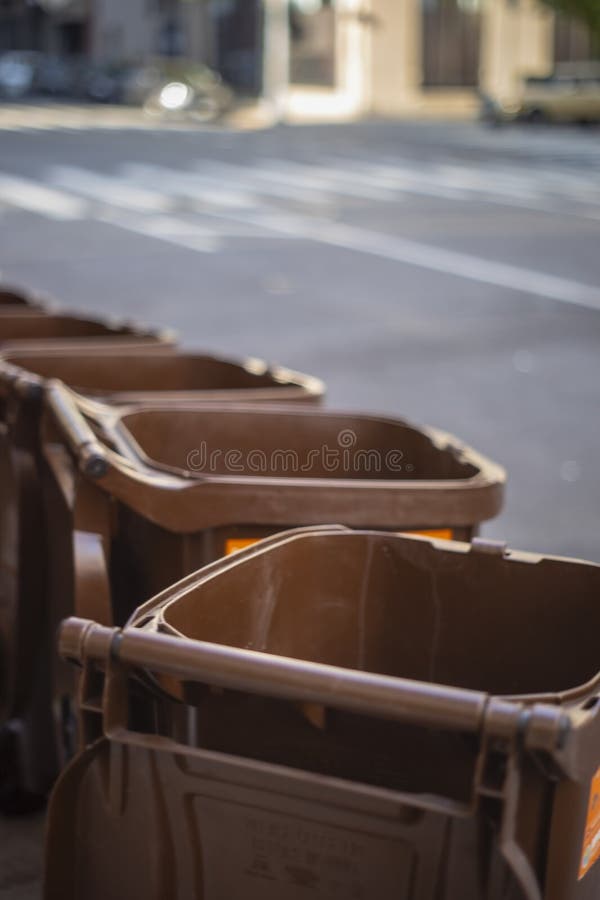 Curbside Trash Pickup with Brown Bins Stock Image - Image of street ... Curbside Trash Pickup with Brown Bins Stock Image - Image of street ...