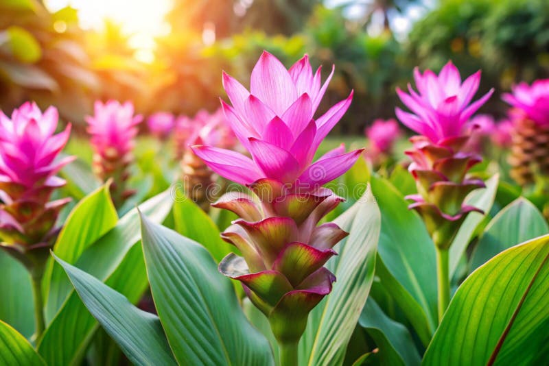 Curcuma Plant Blooming with Vibrant Flowers Outdoors Stock Illustration ...