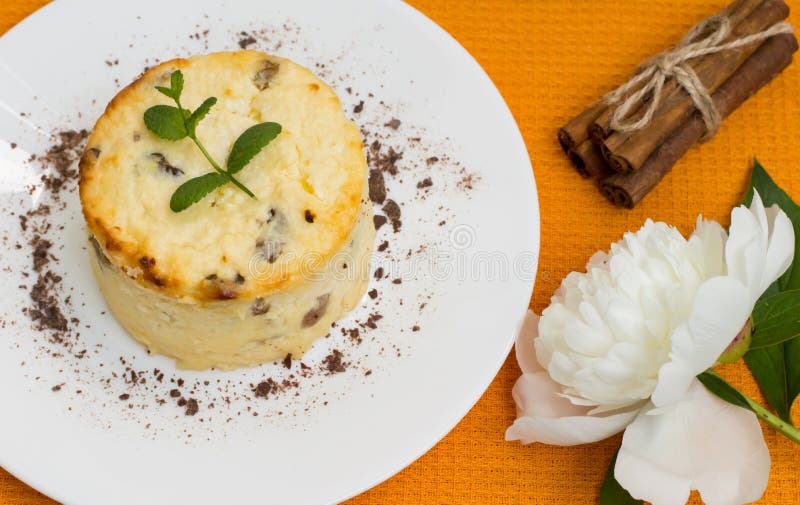Curd Pudding with Raisins. Wooden Rustic Table. Close-up. Top View ...