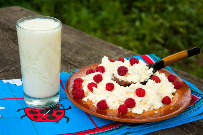 Curd with Raspberries and a Milk Stock Photo - Image of nature, table ...