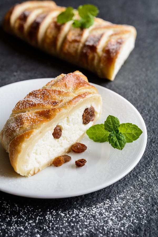 Curd Strudel with Raisins and Sprinkled with Icing Sugar Stock Photo ...