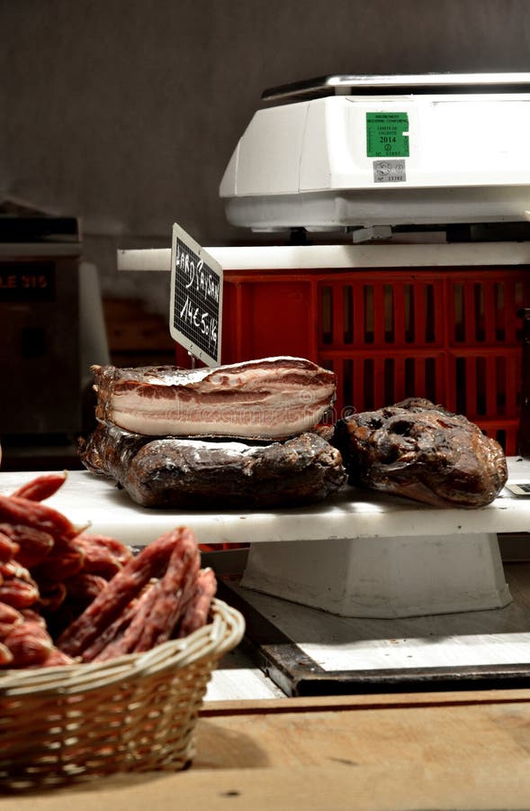 Cured Bacon Piece on Market Stand Stock Photo - Image of cold, bacon ...