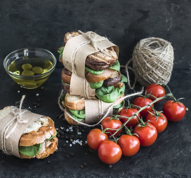 Cured Chicken and Spinach Whole Grain Sandwich Tower with Spices Stock ...