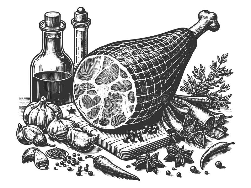 Cured Ham with Herbs and Spices Engraving Vector Stock Vector ...