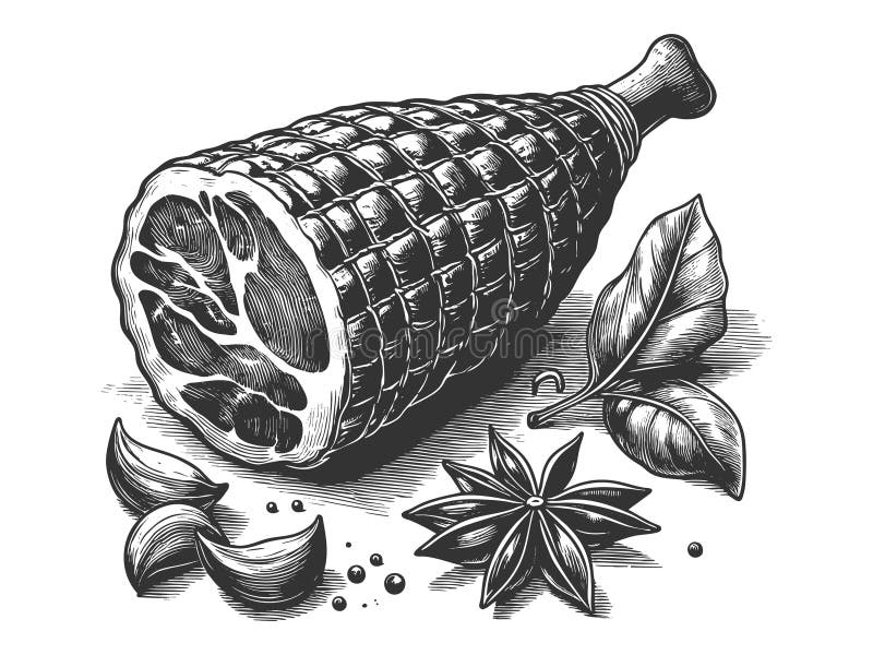 Cured Ham with Herbs and Spices Engraving Vector Stock Vector ...