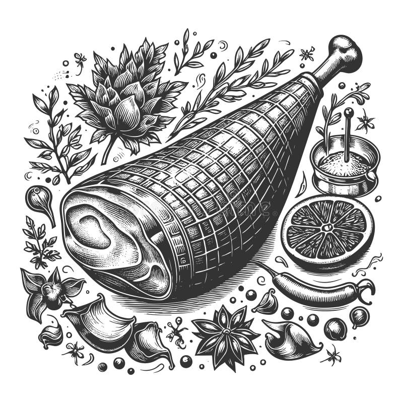 Cured Ham with Herbs and Spices Engraving Vector Stock Vector ...