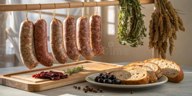 Curing Sausages Create a Rustic Culinary Display in a Sunlit Kitchen ...