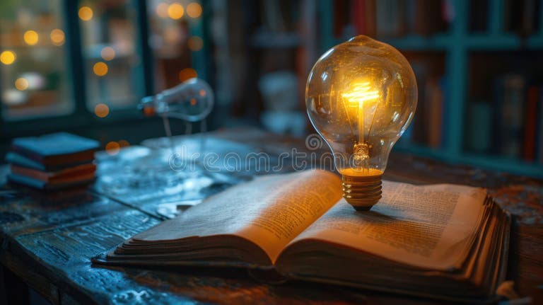 Curiosity Illuminated: Light Bulb and Open Book on Table Stock ...