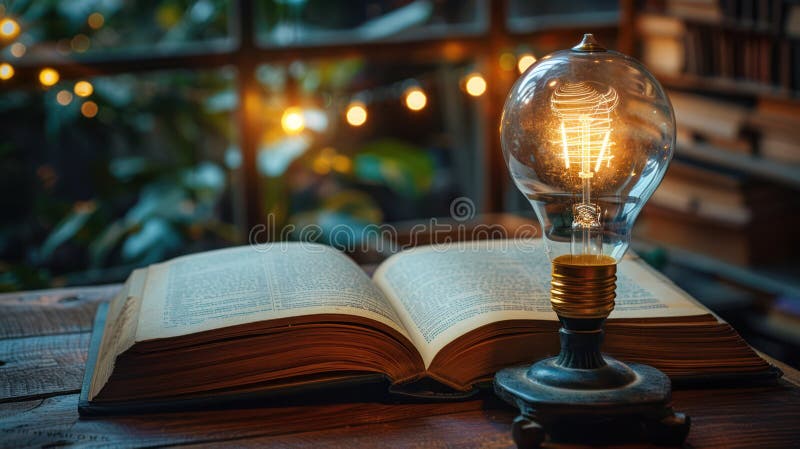 Curiosity Illuminated: Light Bulb and Open Book on Table Stock ...
