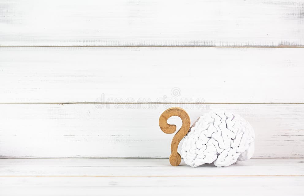 Curiosity and Intelligence: White Brain Model with Wooden Question Mark ...