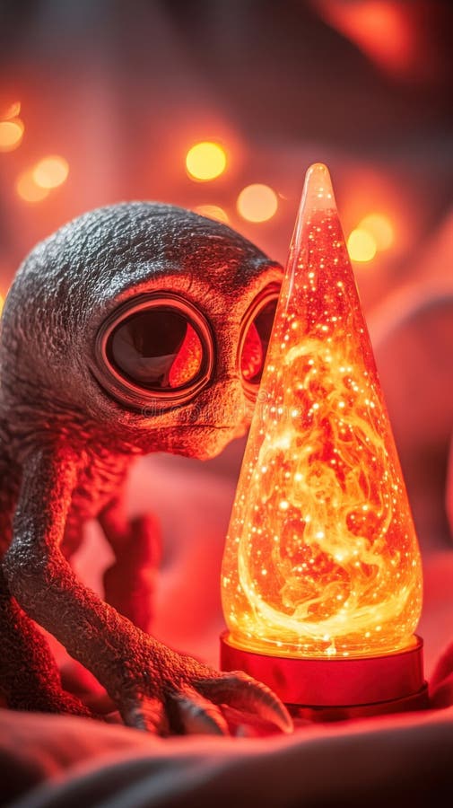 A Curious Alien Creature with Large Eyes Examines a Glowing Orange Cone ...
