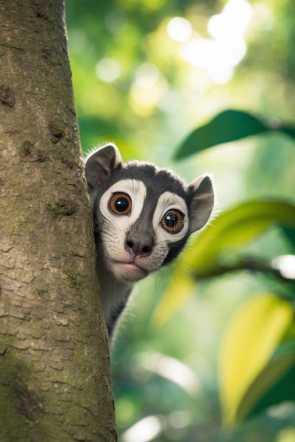 Curious Animal Peeking from Tree in Jungle Setting. Stock Image - Image ...