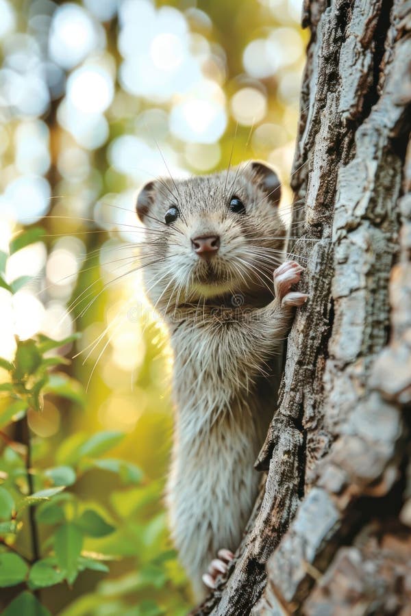 Adorable Mouse Climbing a Tree Trunk in Sunlight Stock Illustration ...