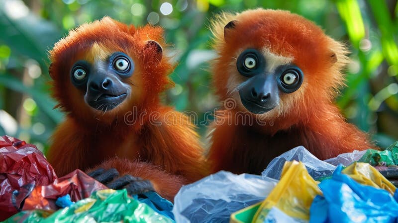 Curious Animals Exploring Trash with Blurred Background, Space for Text ...